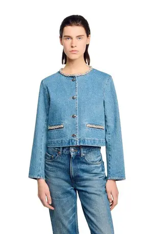 Sandro Rhinestone Trimmed Denim Jacket - Blue Jean