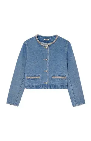 Sandro Rhinestone Trimmed Denim Jacket - Blue Jean