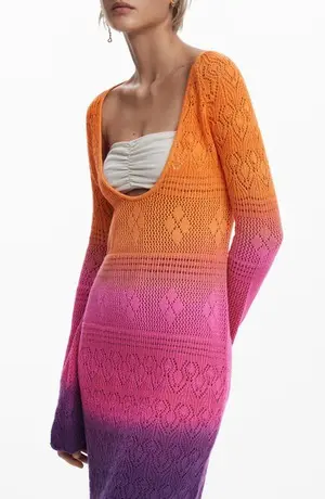 Desigual Colorblock Long Sleeve Open Stitch Cotton Cover-up Dress