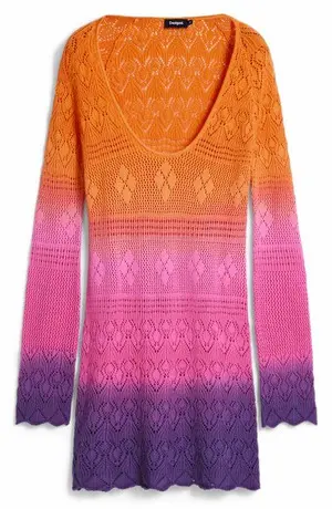 Desigual Colorblock Long Sleeve Open Stitch Cotton Cover-up Dress