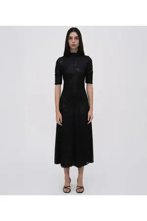 Rosetta Getty Sequin Mesh Zip-up Midi Turtleneck Dress - Black