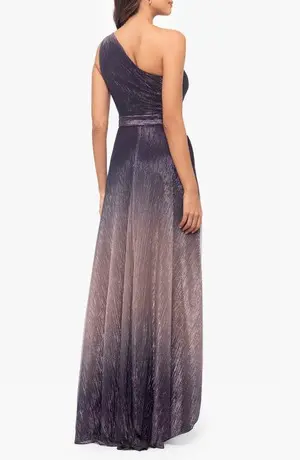 Betsy & Adam One-shoulder Metallic Crinkle Ombré Gown