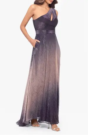 Betsy & Adam One-shoulder Metallic Crinkle Ombré Gown