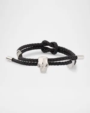Alexander McQueen Skull Woven Leather Cord Bracelet - Black And Silver
