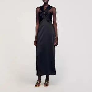 Sandro Satin-effect Maxi Dress With Slit - Black