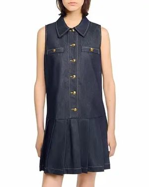 Sandro Button Front Mini Denim Shirt Dress
