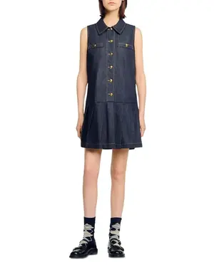 Sandro Button Front Mini Denim Shirt Dress
