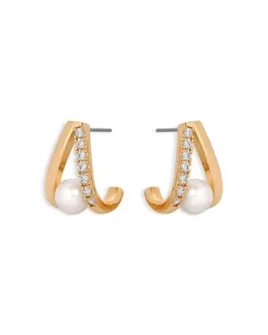 Ettika Pave And Cultured Freshwater Pearl Split J Hoop Earrings