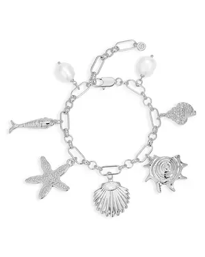 Ettika Cubic Zirconia & Cultured Freshwater Pearl Shell Charm Bracelet - Silver