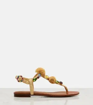 Dolce & Gabbana Embellished Raffia-effect Thong Sandals - Beige