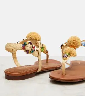 Dolce & Gabbana Embellished Raffia-effect Thong Sandals - Beige