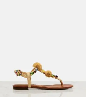 Dolce & Gabbana Embellished Raffia-effect Thong Sandals - Beige