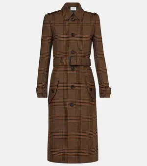 Saint Laurent Belted Prince Of Wales Wool Coat - Brown