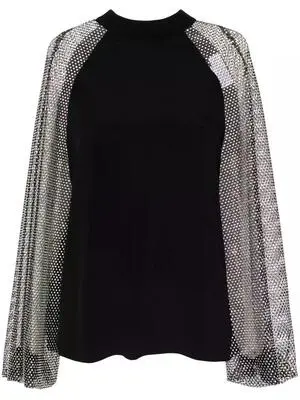 GENNY Rhinestone Embellished Mesh-sleeve Blouse