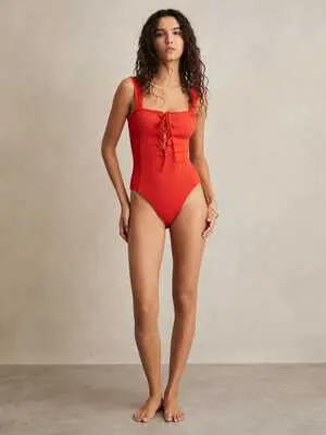 REISS Fabienne Ribbed Lace-up Swimsuit - Orange