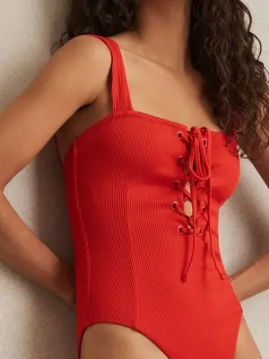 REISS Fabienne Ribbed Lace-up Swimsuit