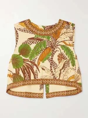 Farm Rio Cropped Printed Linen-blend Top - Beige