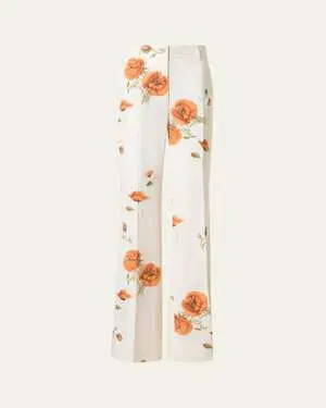 Akris Florine Anemone Print Silk Crepe Pants - Ecru-terra