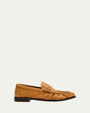 Saint Laurent Le Loafer Ostrich Leather Penny Loafers - Camel