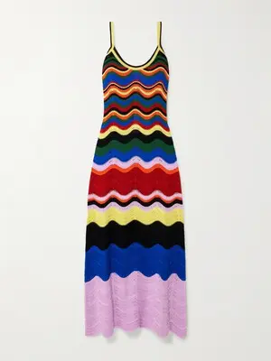 La DoubleJ Striped Crocheted Cotton Maxi Dress - Blue