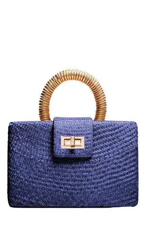 SOLI & SUN The Gracie Woven Buntal Straw Clutch Bag - Navy Blue & Gold