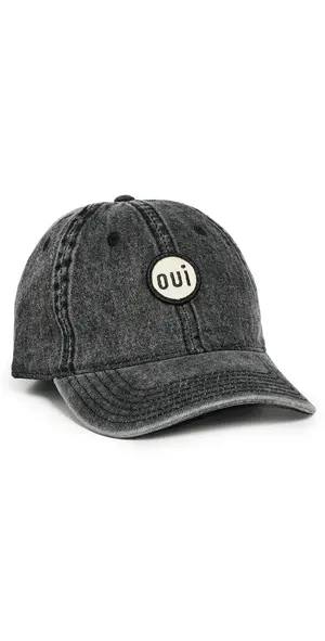 Clare V. Denim Baseball Cap - Faded Black W/cream Oui Patch