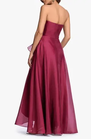XSCAPE EVENINGS Strapless Ruffle Detail Metallic Organza Gown - Wine