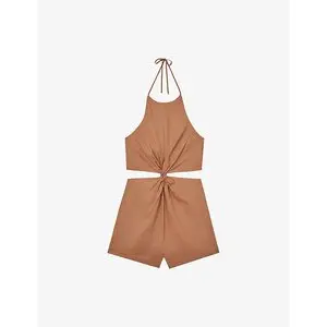 REISS Linen Halter-neck Cut-out Playsuit - Brown