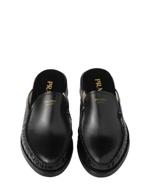 Prada Brushed Leather Mules - Black