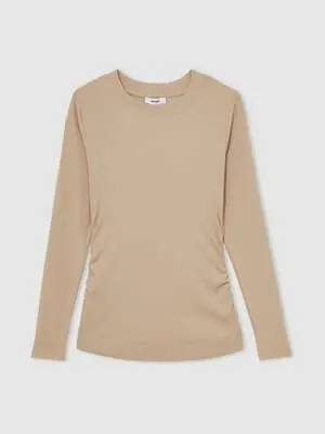 REISS Cotton Long-sleeve Ruched T-shirt - Camel