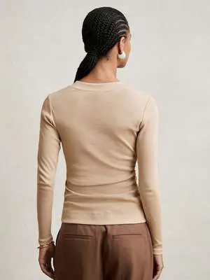 REISS Cotton Long-sleeve Ruched T-shirt - Camel