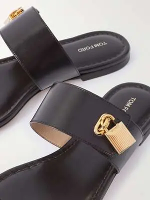 TOM FORD Embellished Leather Slides - Dark Brown