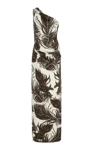 Oscar De La Renta Feather-Printed One-Shoulder Maxi Dress Brown