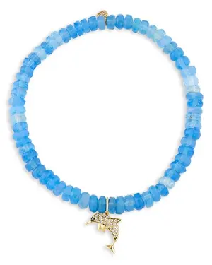 SYDNEY EVAN 14k Yellow Gold Diamond Dolphin Charm Ethiopian Opal Beaded Stretch Bracelet
