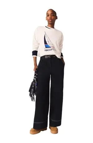 Maje Cotton Canvas Trousers With Belt - Navy