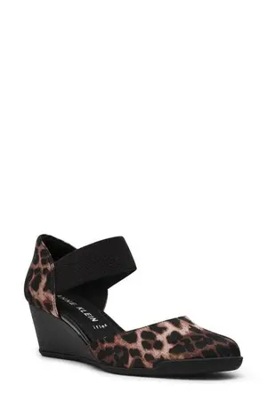 Anne Klein Ankle Strap Wedge Pumps - Leopard Satin