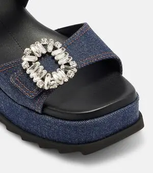 ROGER VIVIER Embellished Denim Wedge Sandals