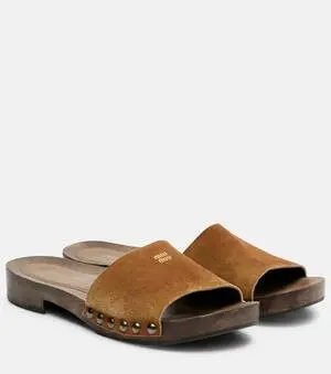 Miu Miu Logo Suede Mules - Brown