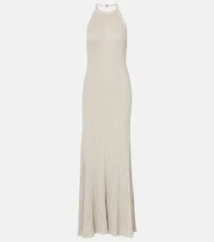 TOM FORD Ribbed-knit Halterneck Lamé Maxi Dress - Silver