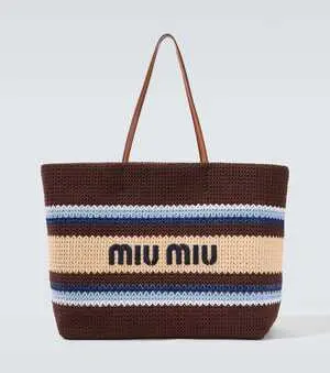 Miu Miu Logo Striped Raffia-effect Shopper - Multicoloured