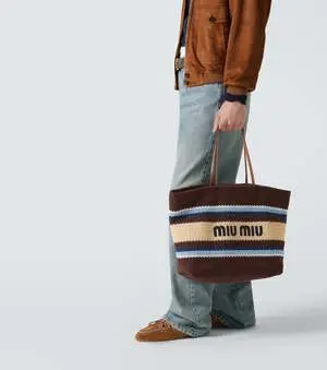 Miu Miu Logo Striped Raffia-effect Shopper