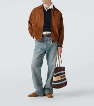 Miu Miu Logo Striped Raffia-effect Shopper