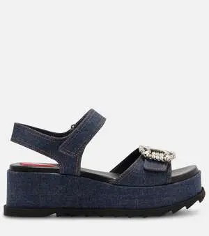 ROGER VIVIER Embellished Denim Wedge Sandals