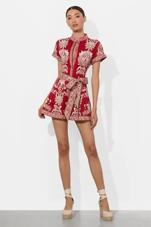 Alice + Olivia Printed Mini Romper With Tie Waist