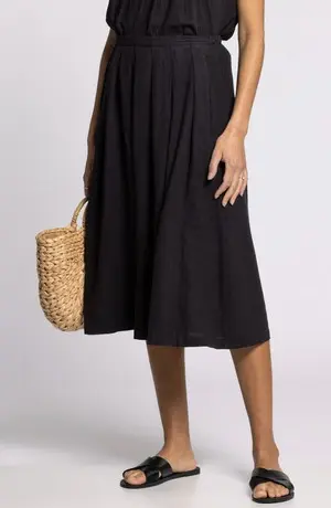 THREAD & SUPPLY Lydia Pleated Linen Blend Midi Skirt - Obsidian