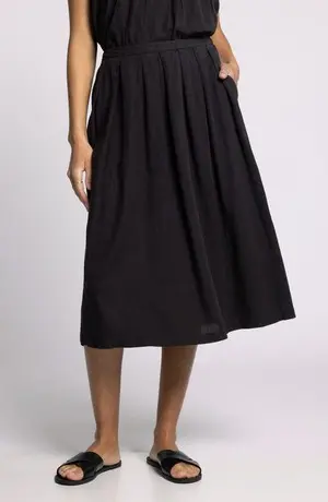 THREAD & SUPPLY Lydia Pleated Linen Blend Midi Skirt - Obsidian