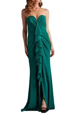 Tadashi Shoji Strapless Ruffle Front Gown