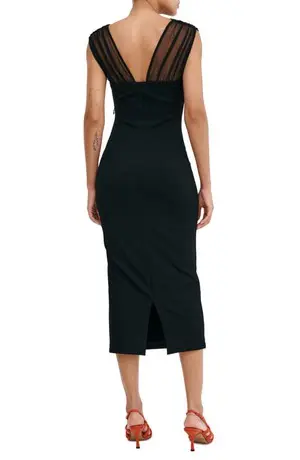 MARCELLA Waldorf Mesh Cross Neck Midi Dress