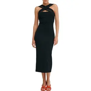 MARCELLA Waldorf Mesh Cross Neck Midi Dress