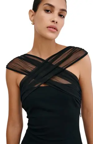 MARCELLA Waldorf Mesh Cross Neck Midi Dress